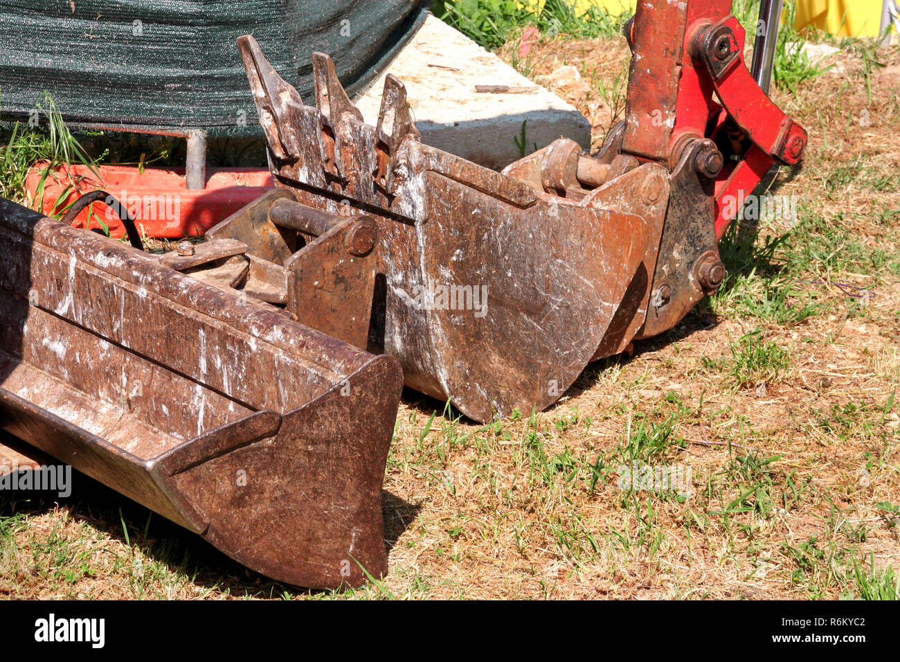 Part of excavator, bulldozer machine and worker tractor, closeup ...