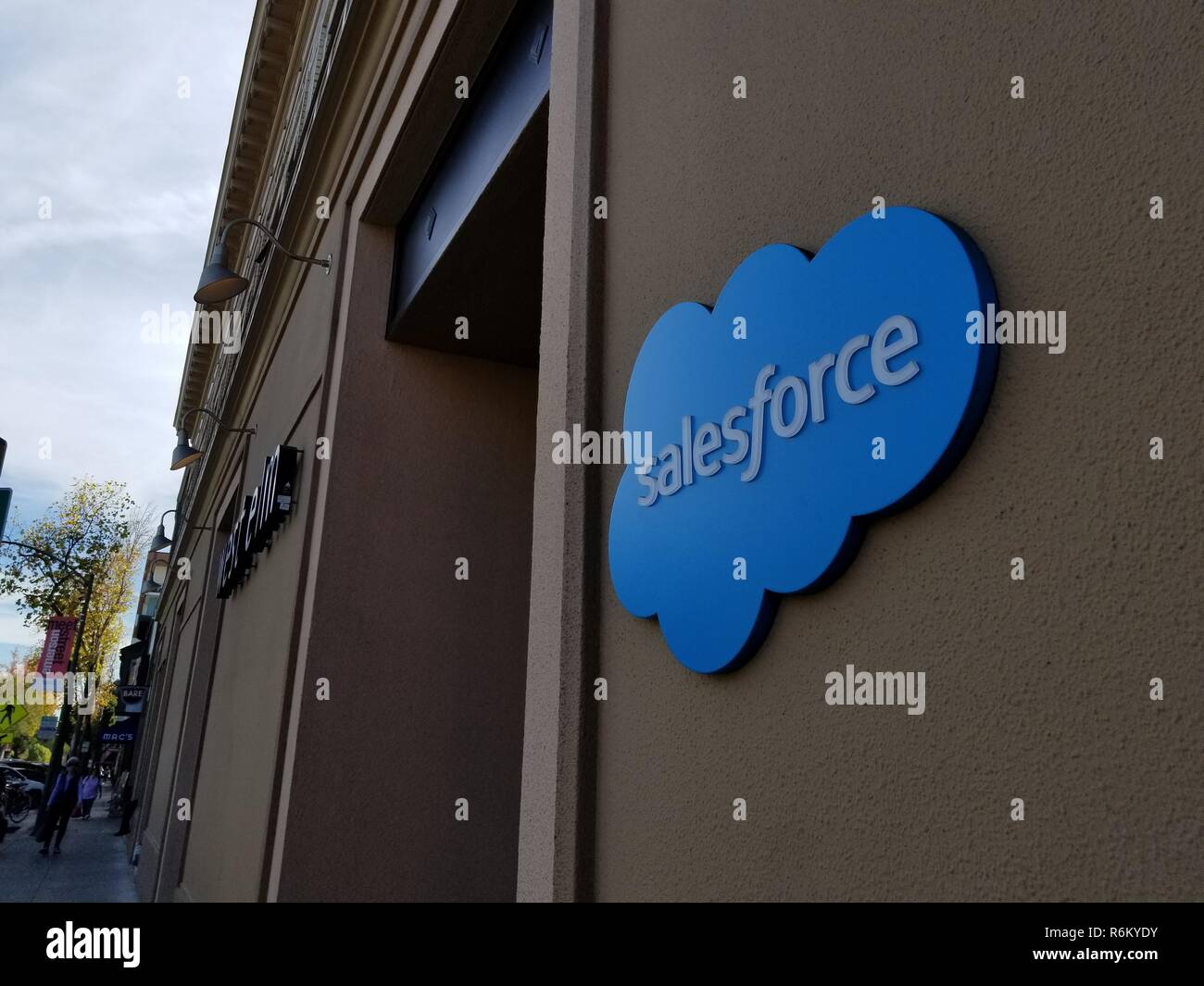 Sign with logo is visible at the regional office of Salesforce in the ...