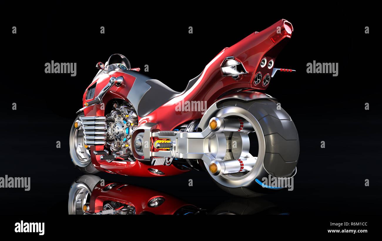 Superbike with chrome engine, red futuristic motorcycle isolated on ...