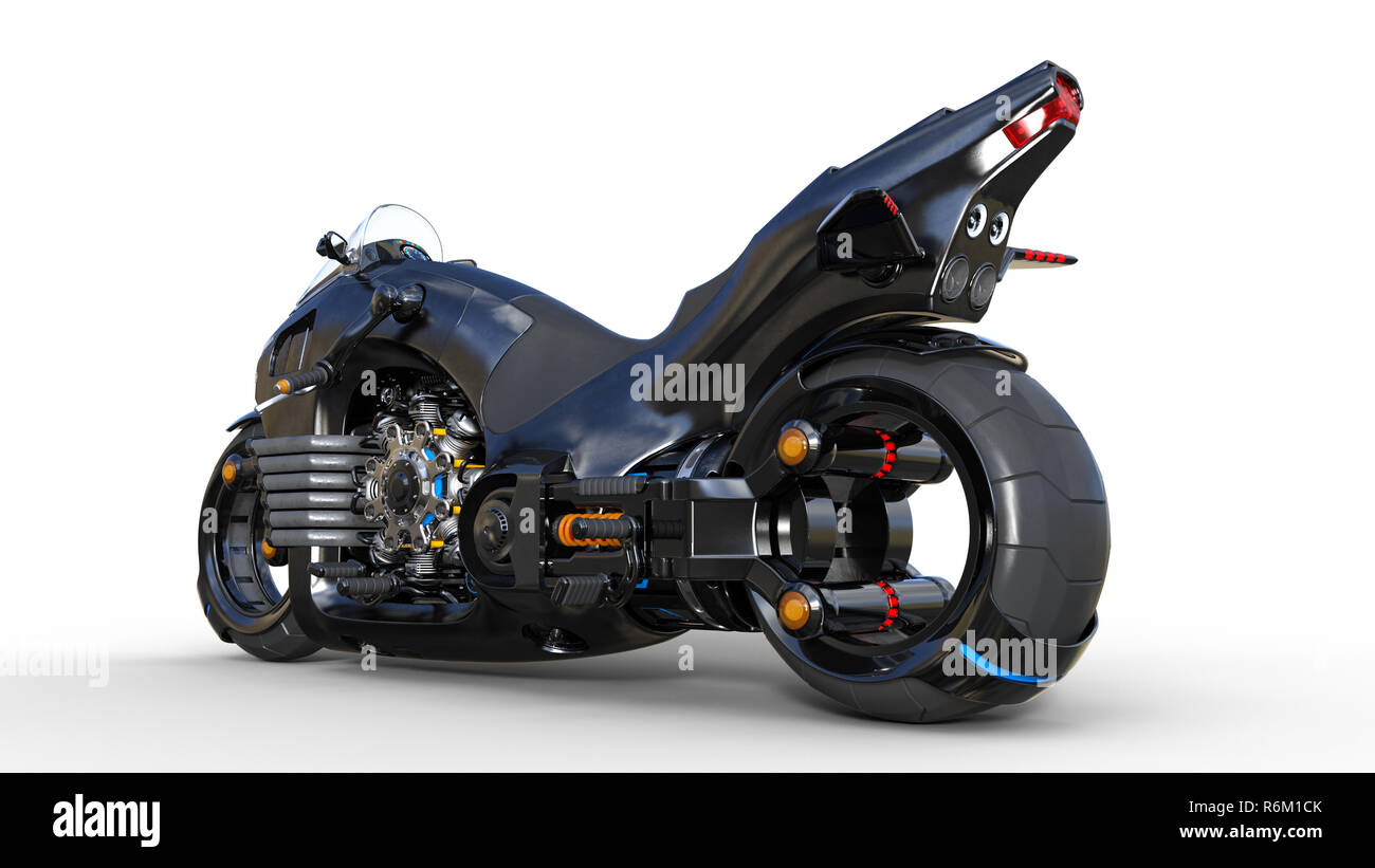 Bike with chrome engine, black futuristic motorcycle isolated on white ...