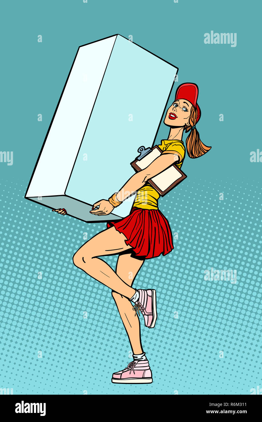 Funny woman courier shipping box, delivery service Stock Photo - Alamy