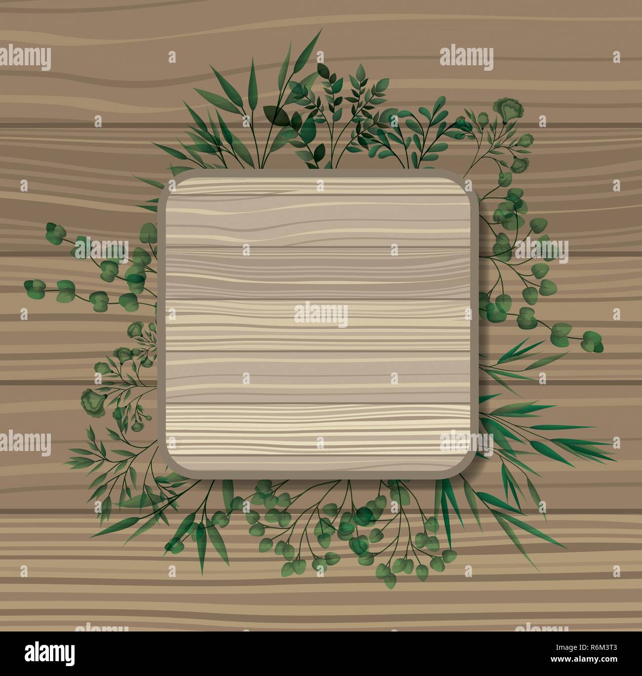 square frame with laurel leafs wooden background Stock Vector Image ...