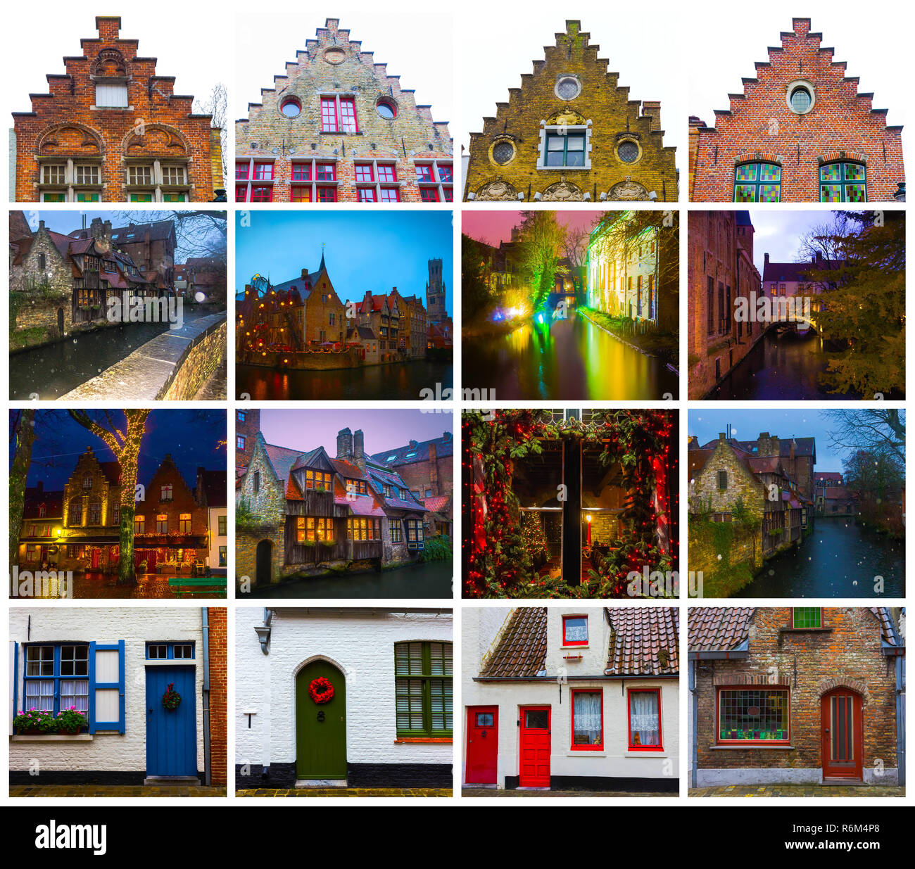 The collage from views of historic medieval buildings along a canal in ...