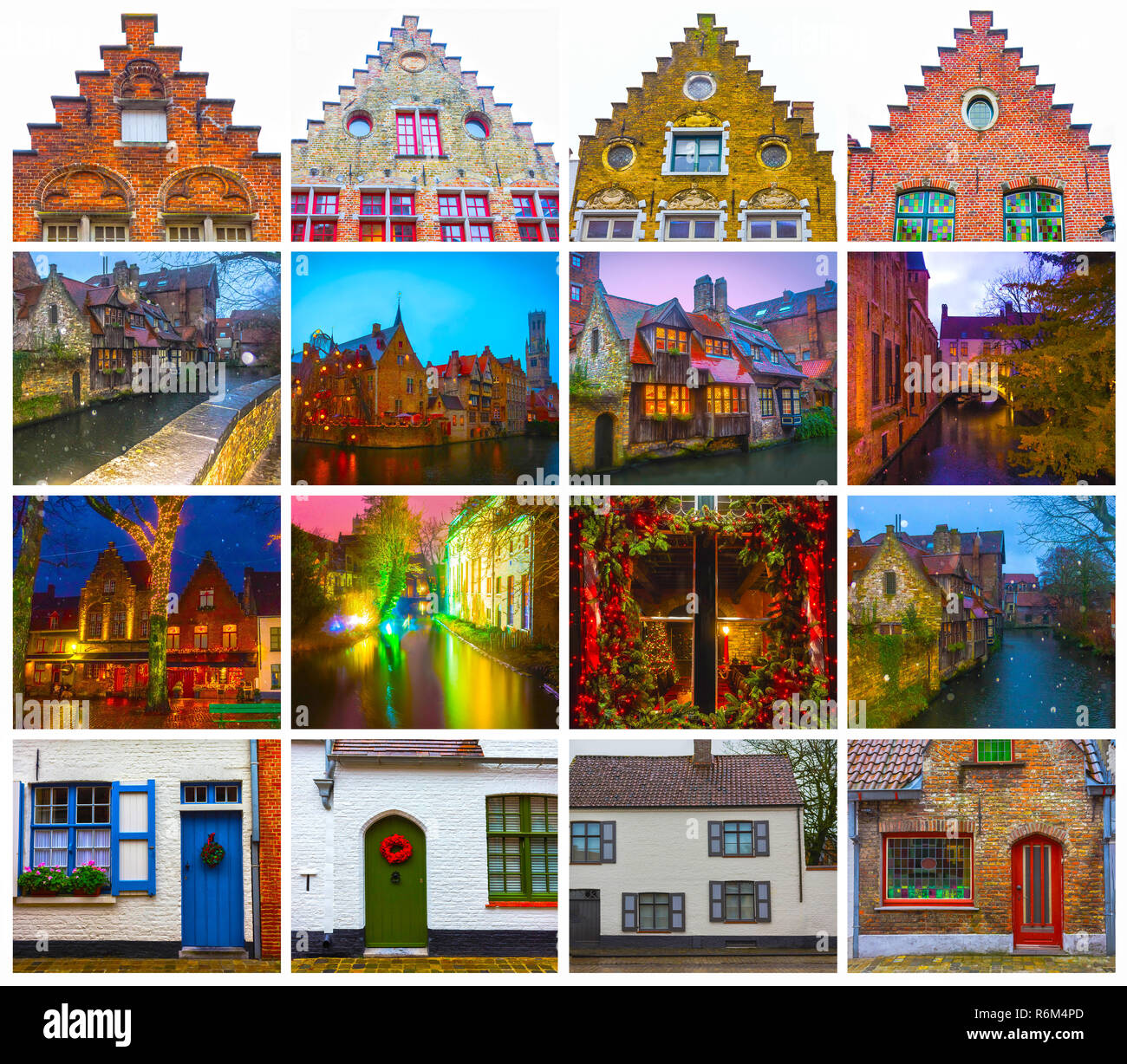 The collage from views of historic medieval buildings along a canal in ...