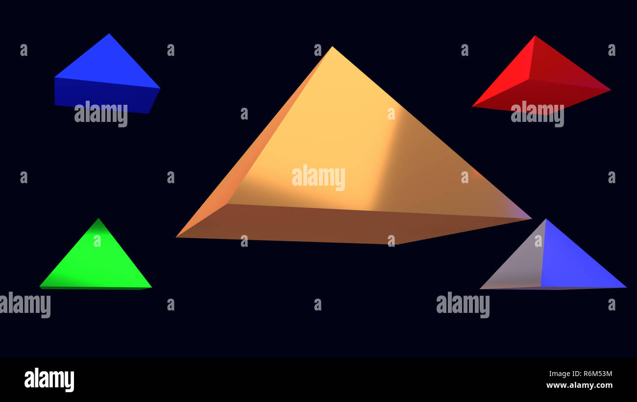 3d illustration of shiny,floating pyramids with square base against ...