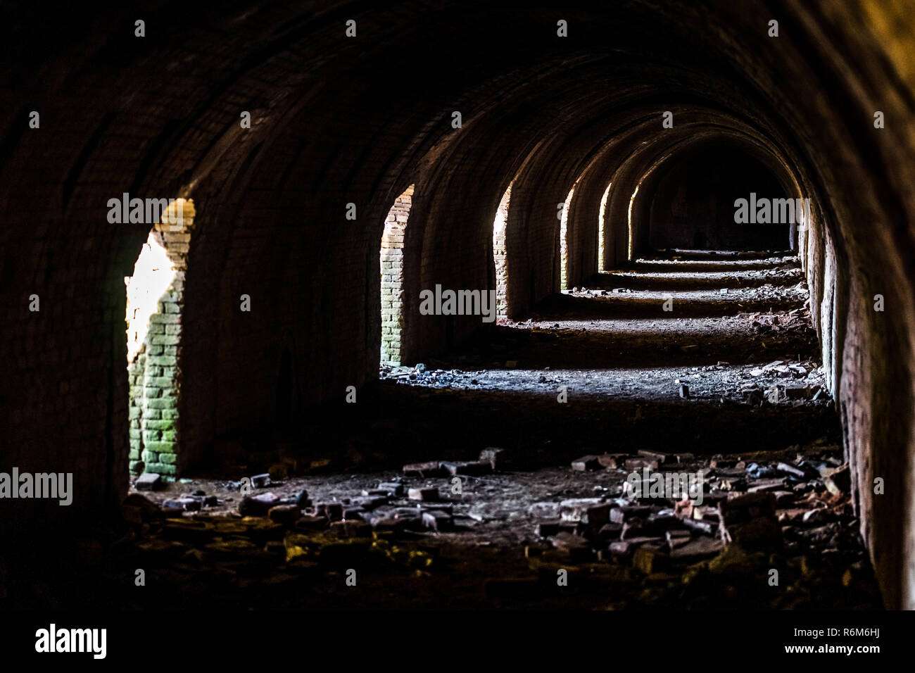 Interior of the destroyed buildings of old factory. ruins of an ...