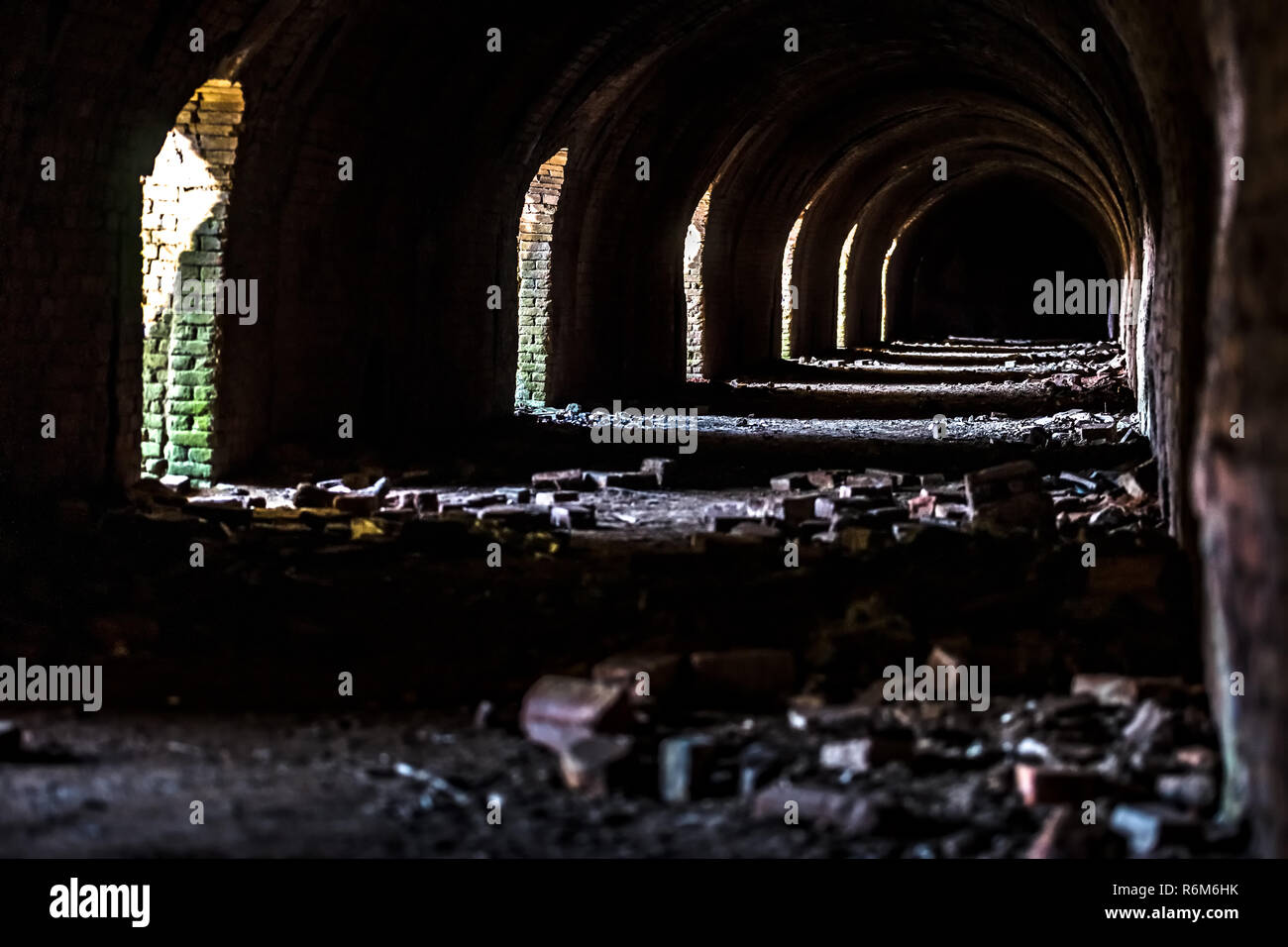 Interior of the destroyed buildings of old factory. ruins of an ...