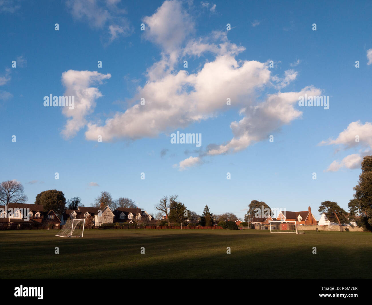 open grass plain with goal posts park spring blue cloudy sky Stock ...