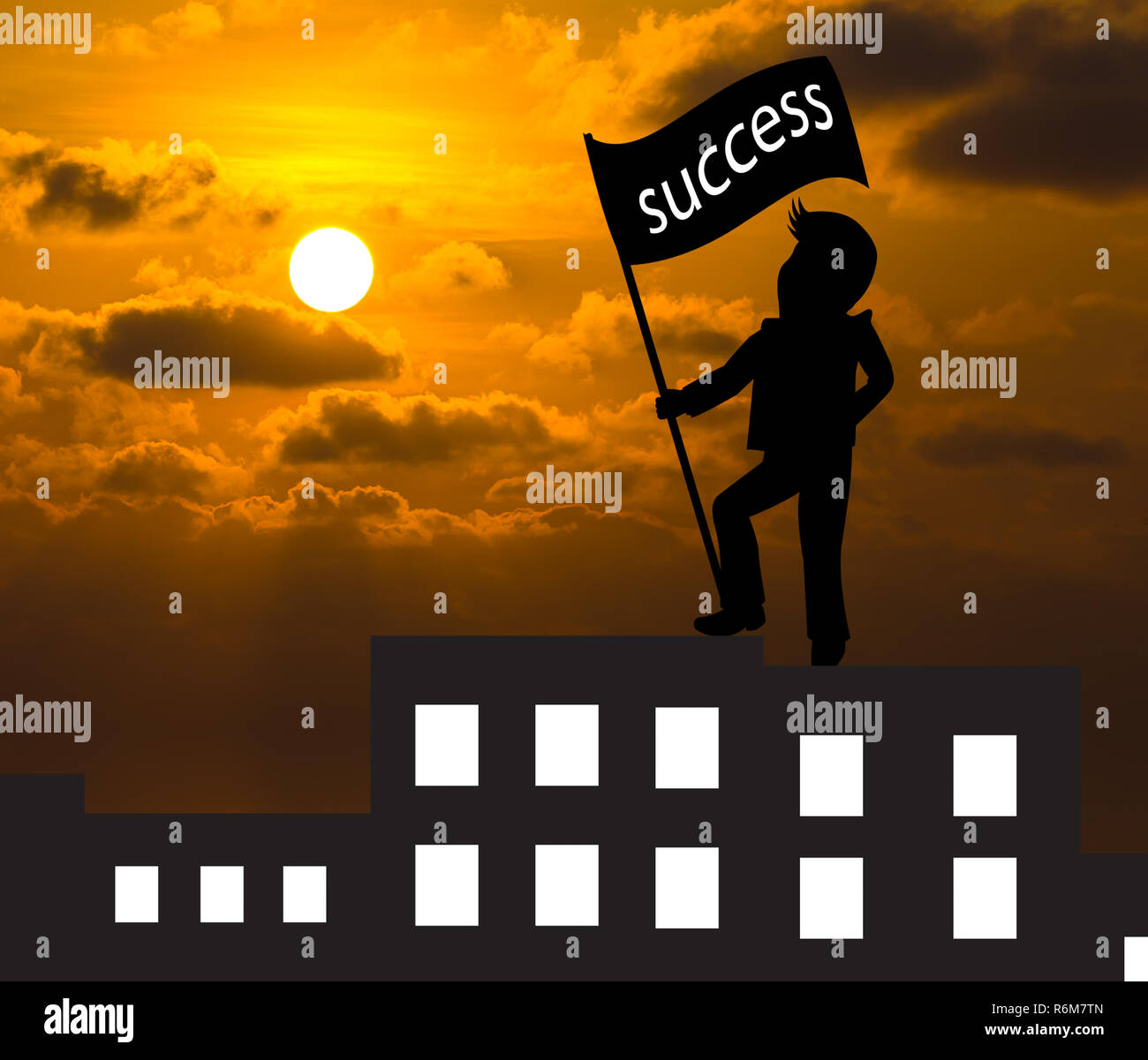 Concept skyline ,Man with success flag standing on the top of building ...