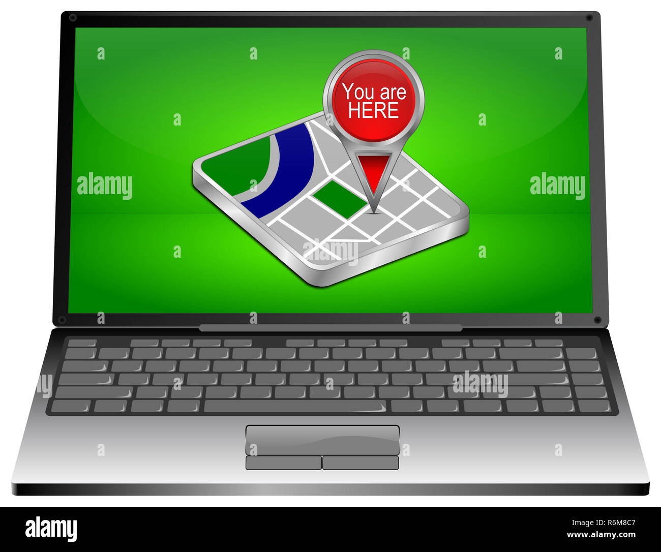 Laptop Computer with red You are Here Map Pointer - 3D illustration ...