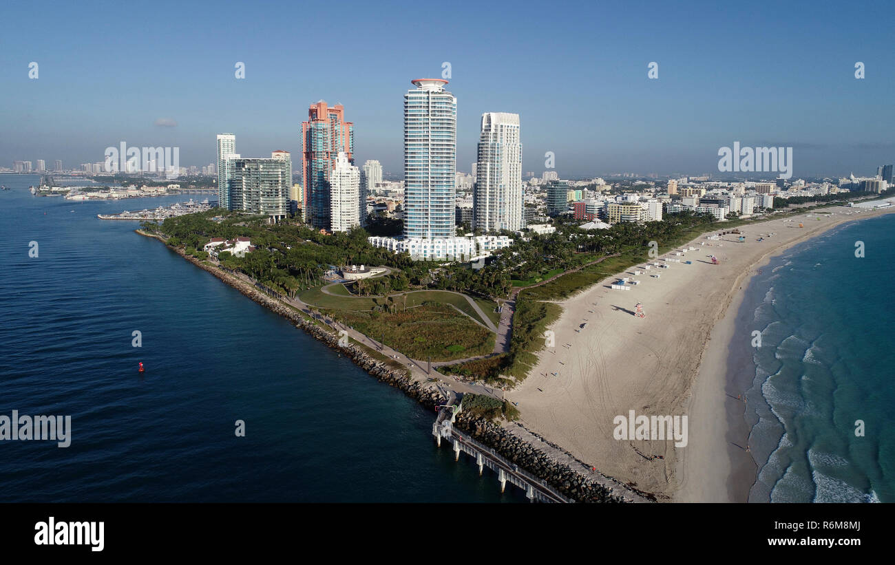 Aerial view of South Pointe Park and South Beach, Miami Beach, Florida ...
