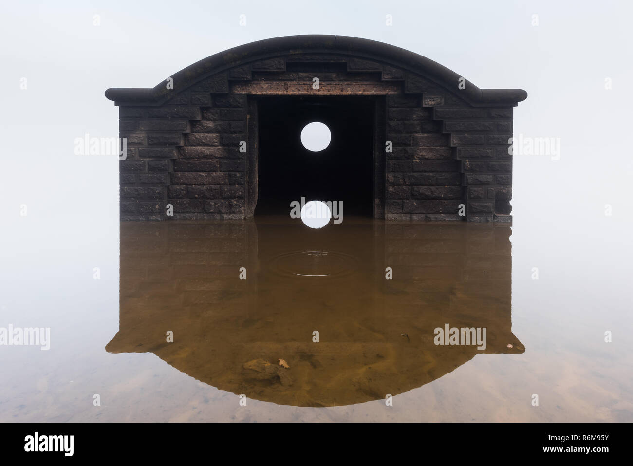 Pump house exposed by low water levels of the Ladybower Reservoir, Peak ...