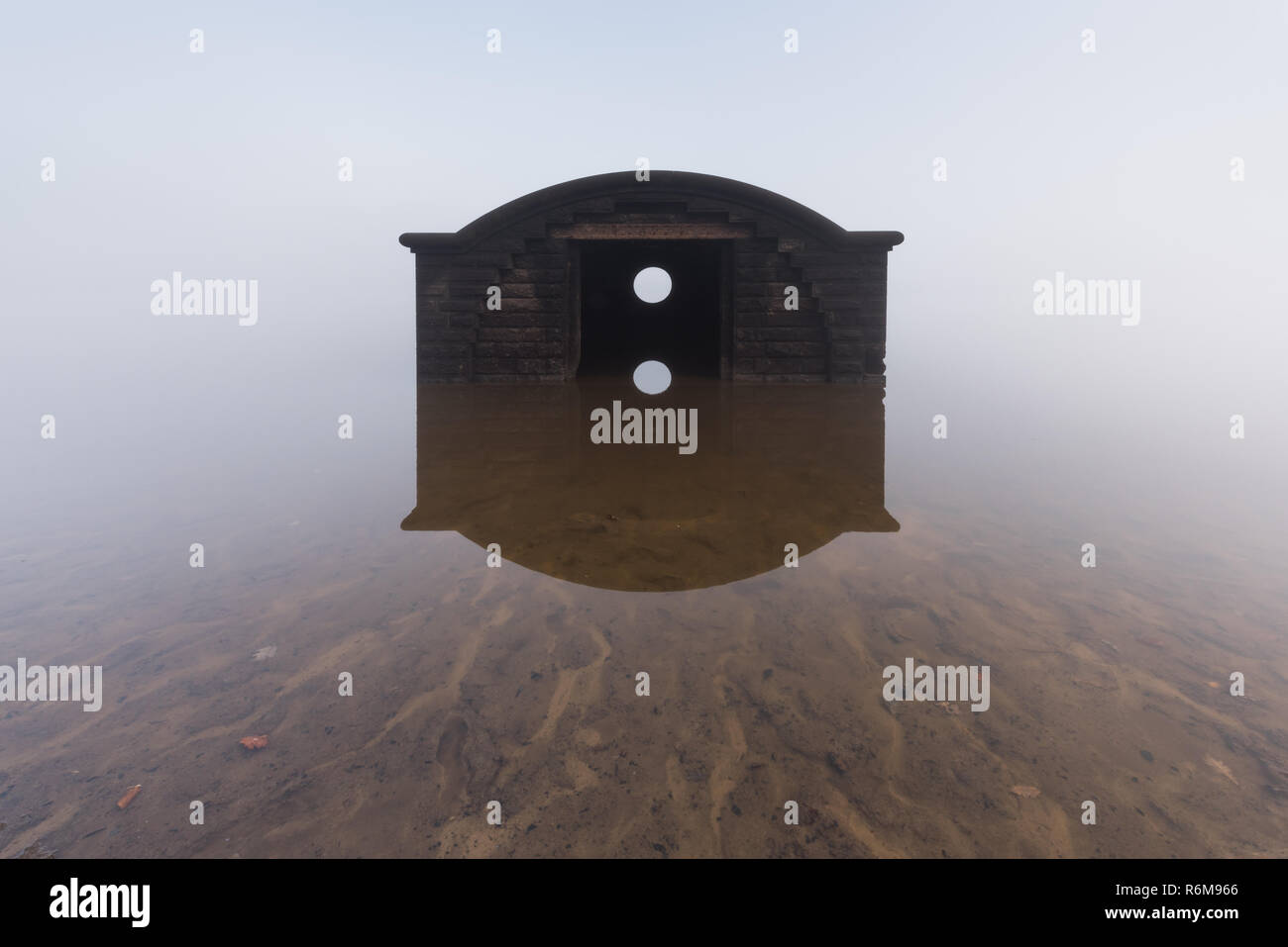 Pump house exposed by low water levels of the Ladybower Reservoir, Peak ...