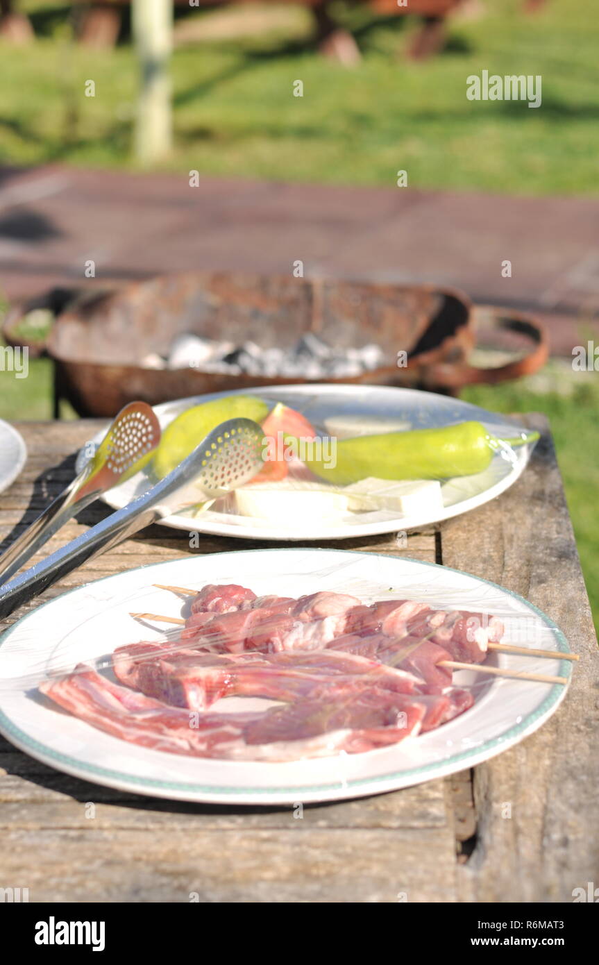 Traditional Cypriot meze and kebap barbecue party in the garden with ...