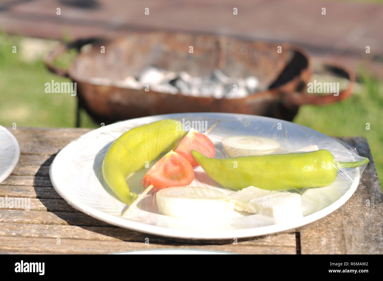 Traditional Cypriot meze and kebap barbecue party in the garden with ...