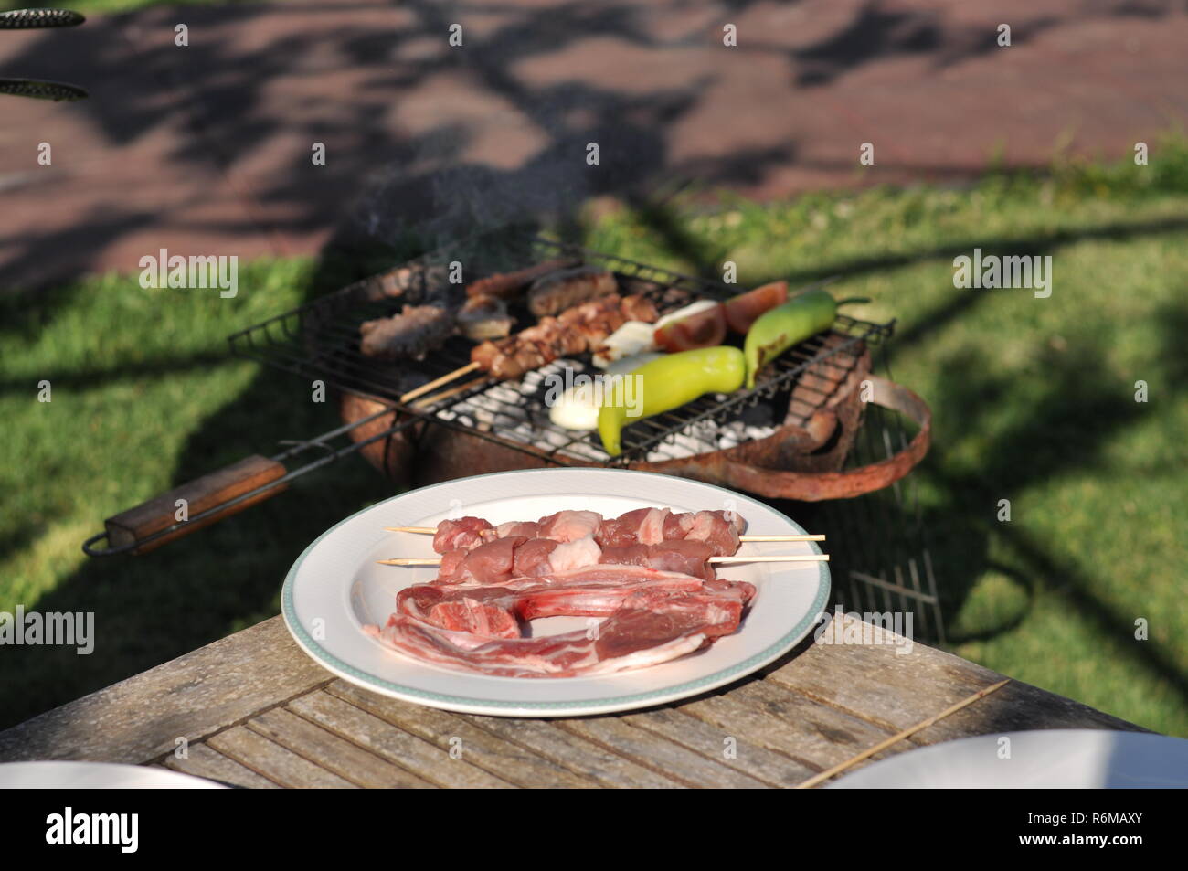 Traditional Cypriot meze and kebap barbecue party in the garden with ...