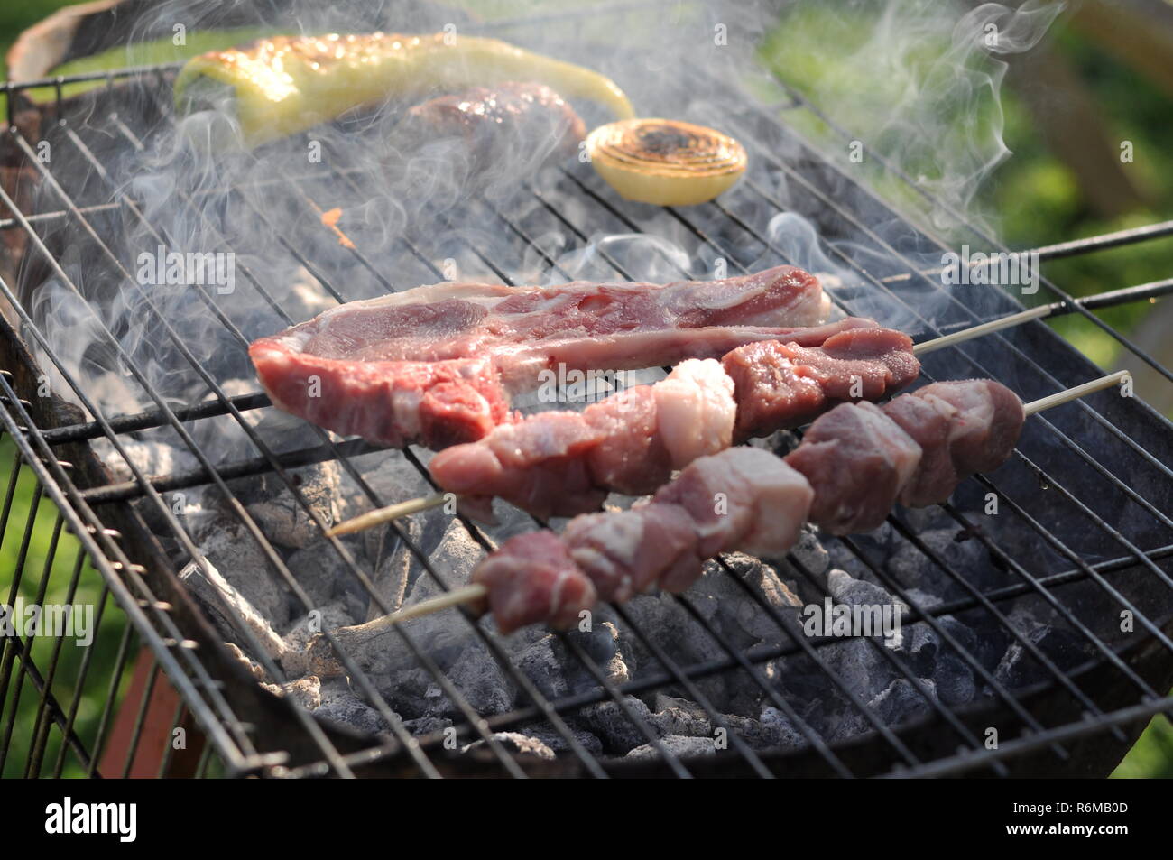 Traditional Cypriot meze and kebap barbecue party in the garden with ...