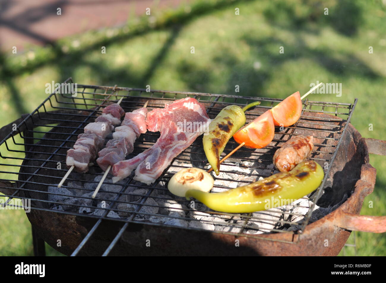 Traditional Cypriot meze and kebap barbecue party in the garden with ...
