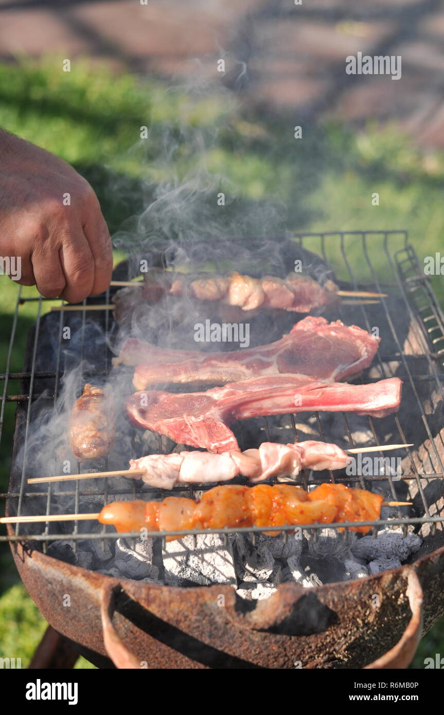 Traditional Cypriot meze and kebap barbecue party in the garden with ...