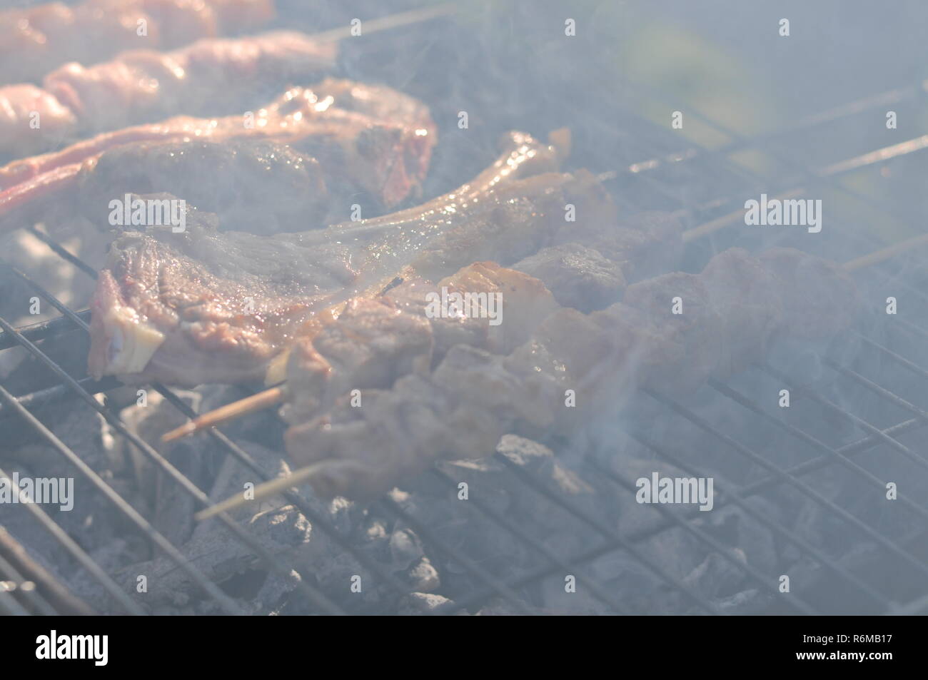 Traditional Cypriot meze and kebap barbecue party in the garden with ...