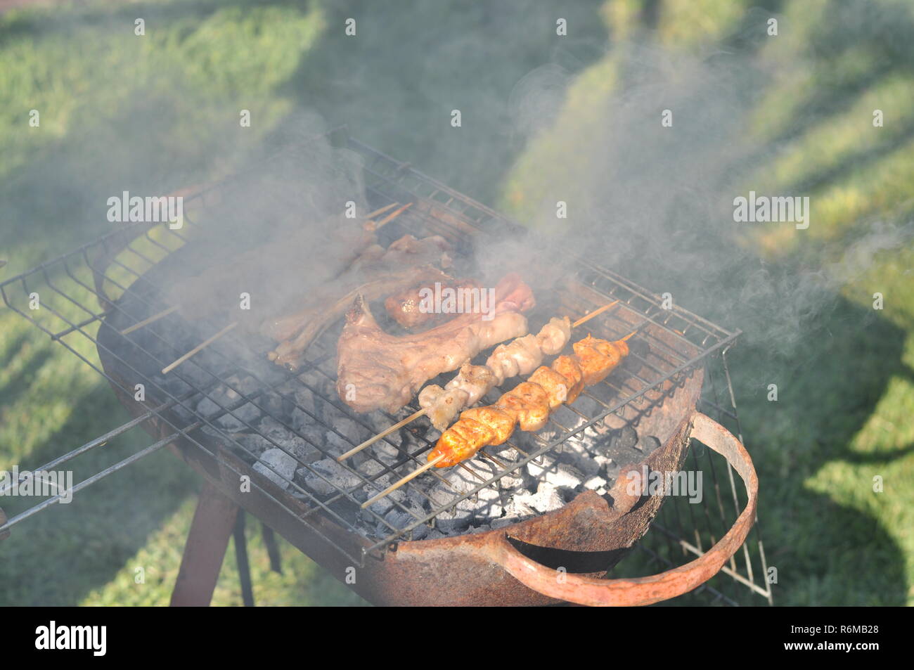 Traditional Cypriot meze and kebap barbecue party in the garden with ...
