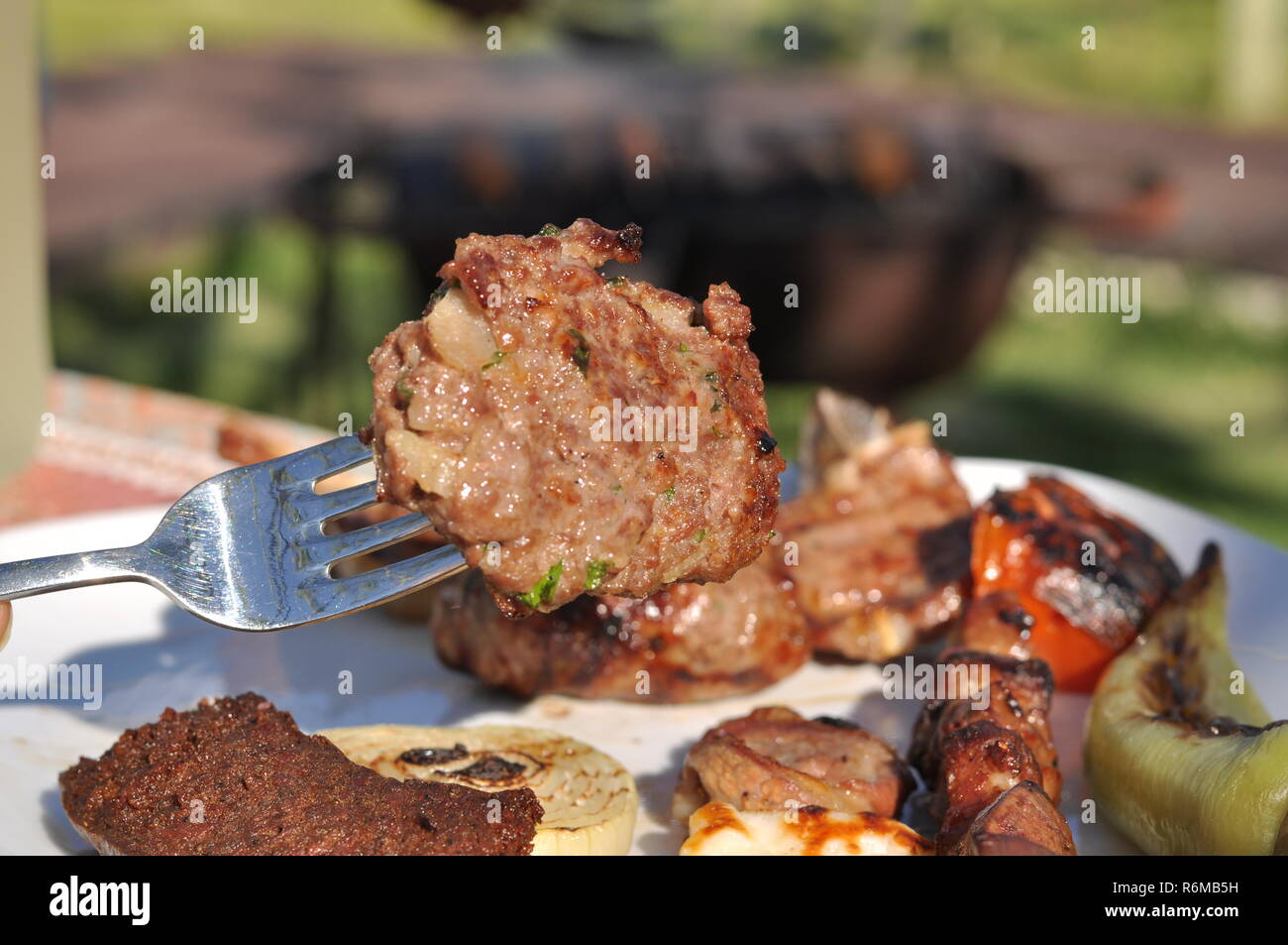 Traditional Cypriot meze and kebap barbecue party in the garden with ...