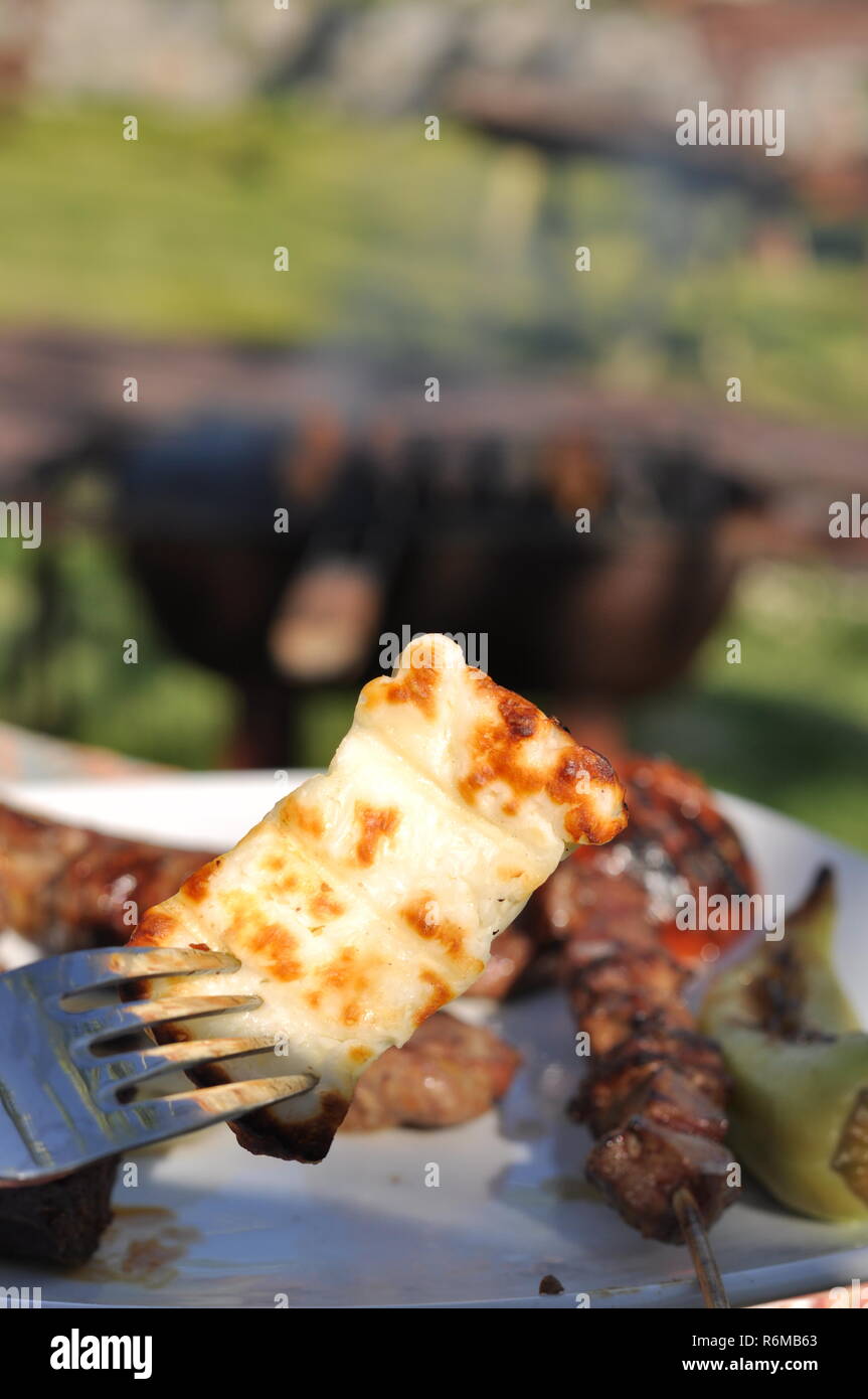 Traditional Cypriot meze and kebap barbecue party in the garden with ...