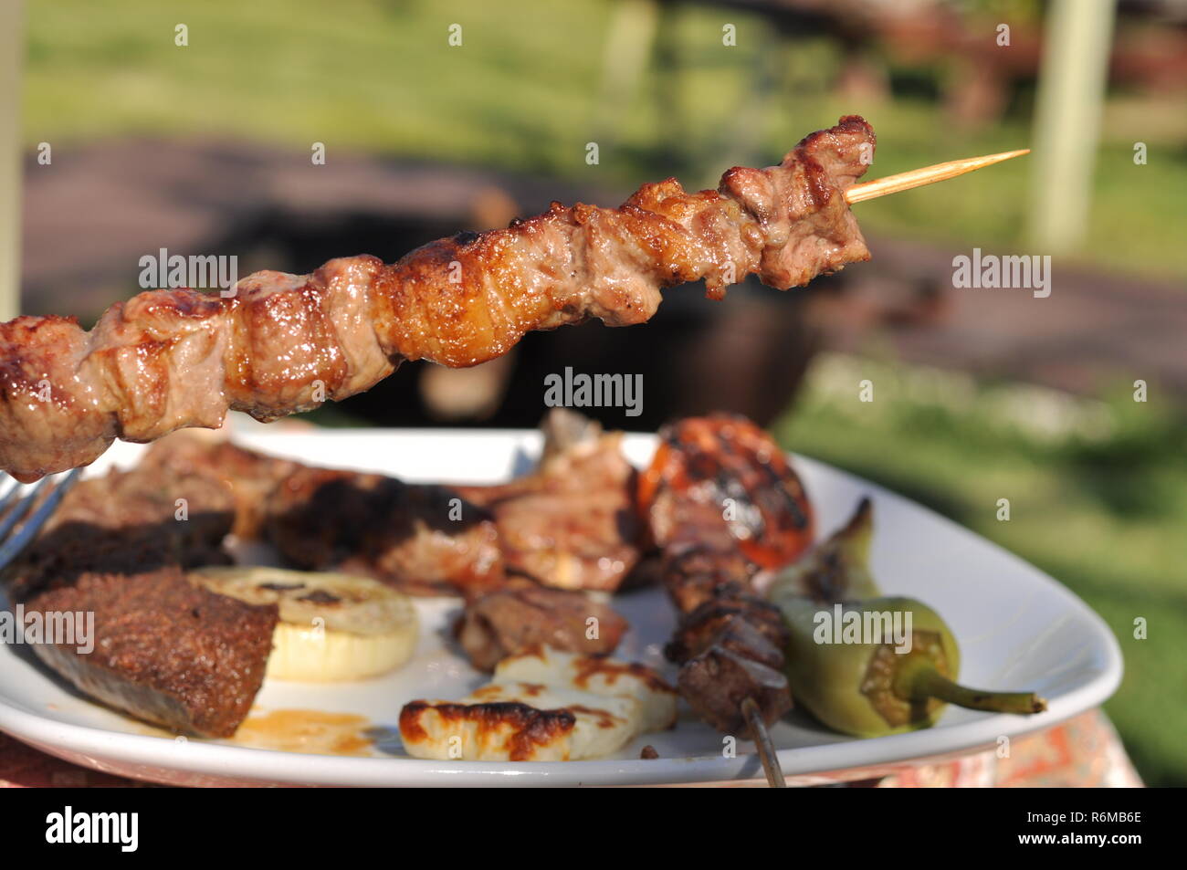 Traditional Cypriot meze and kebap barbecue party in the garden with ...
