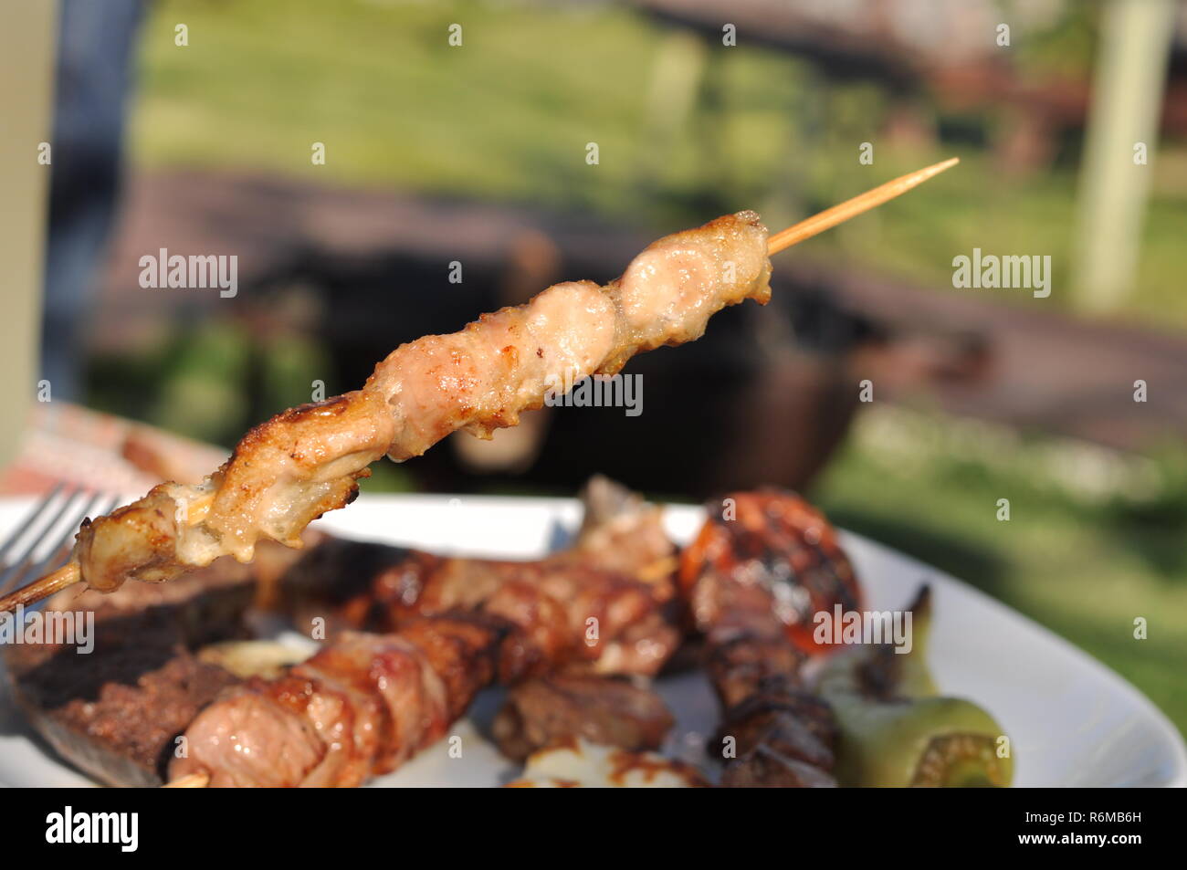 Traditional Cypriot meze and kebap barbecue party in the garden with ...