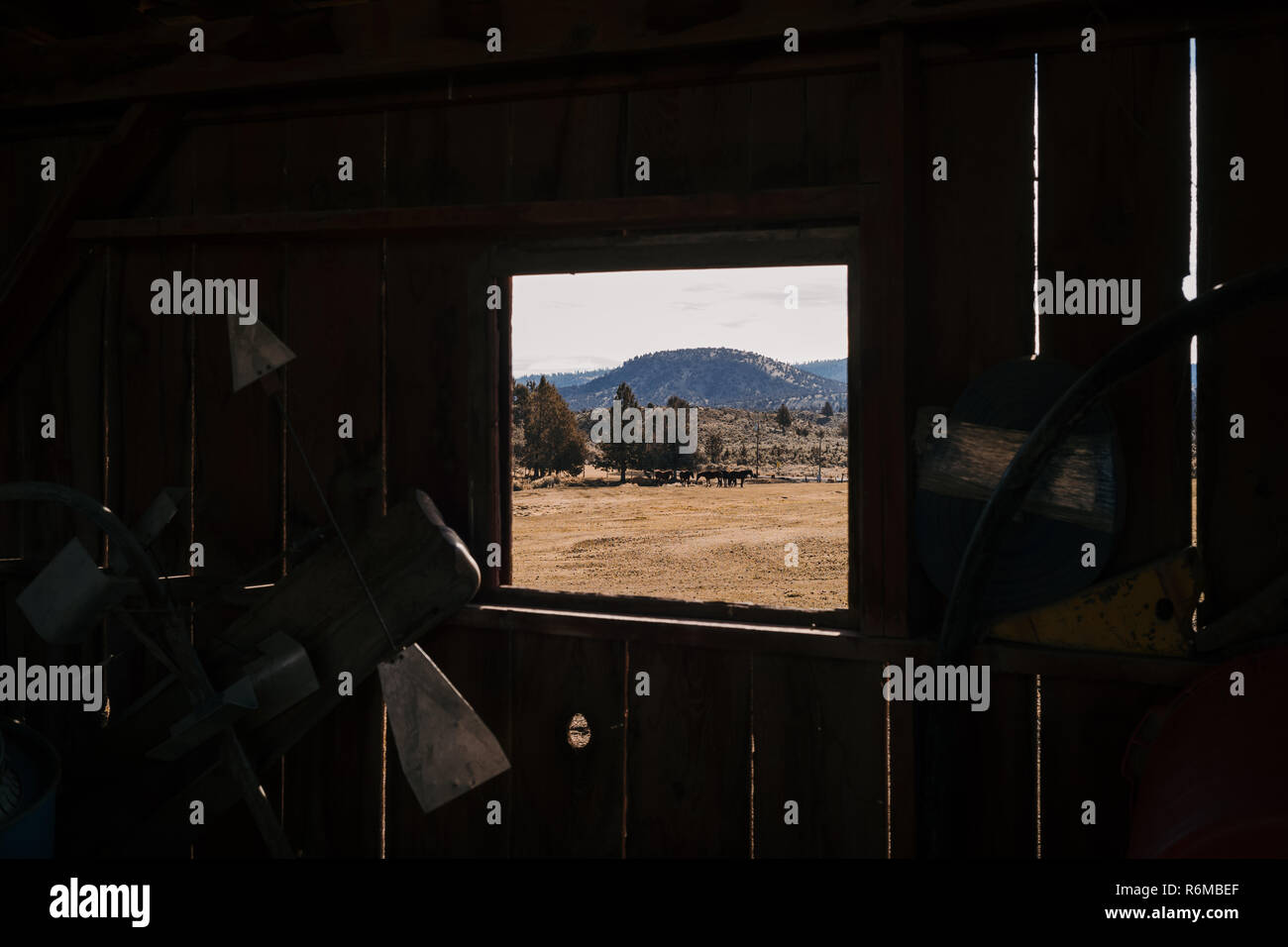 Rustic barn window with a view of the farm on a ranch and a weather ...