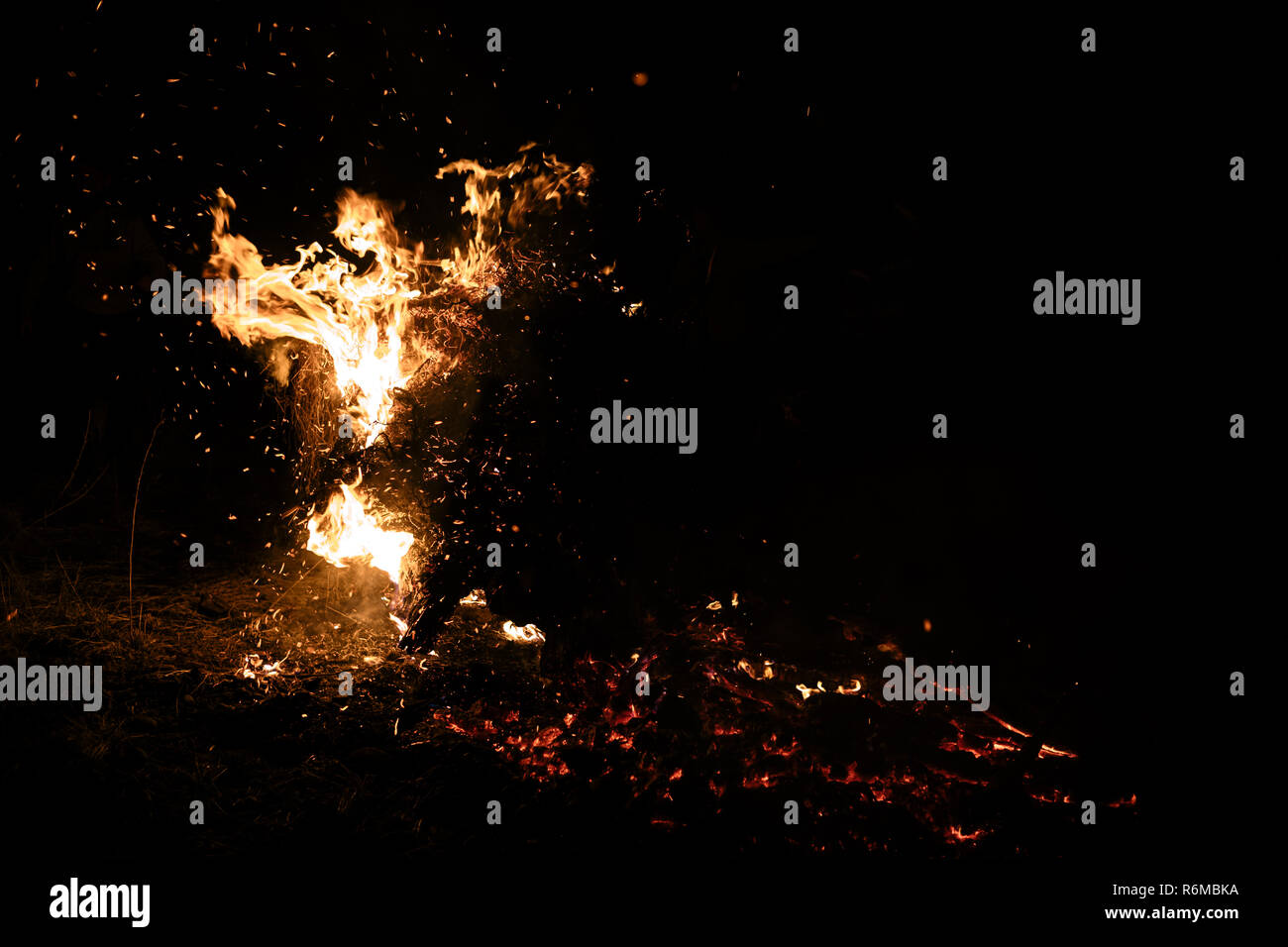 Red Orange Fire figure emerges dancing hot flames from bonfire against ...