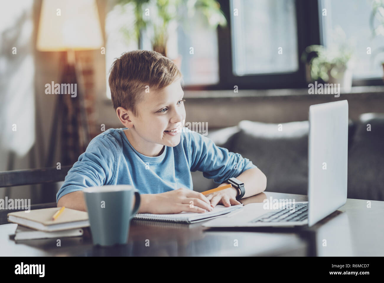 Pleased male person completing home task Stock Photo - Alamy