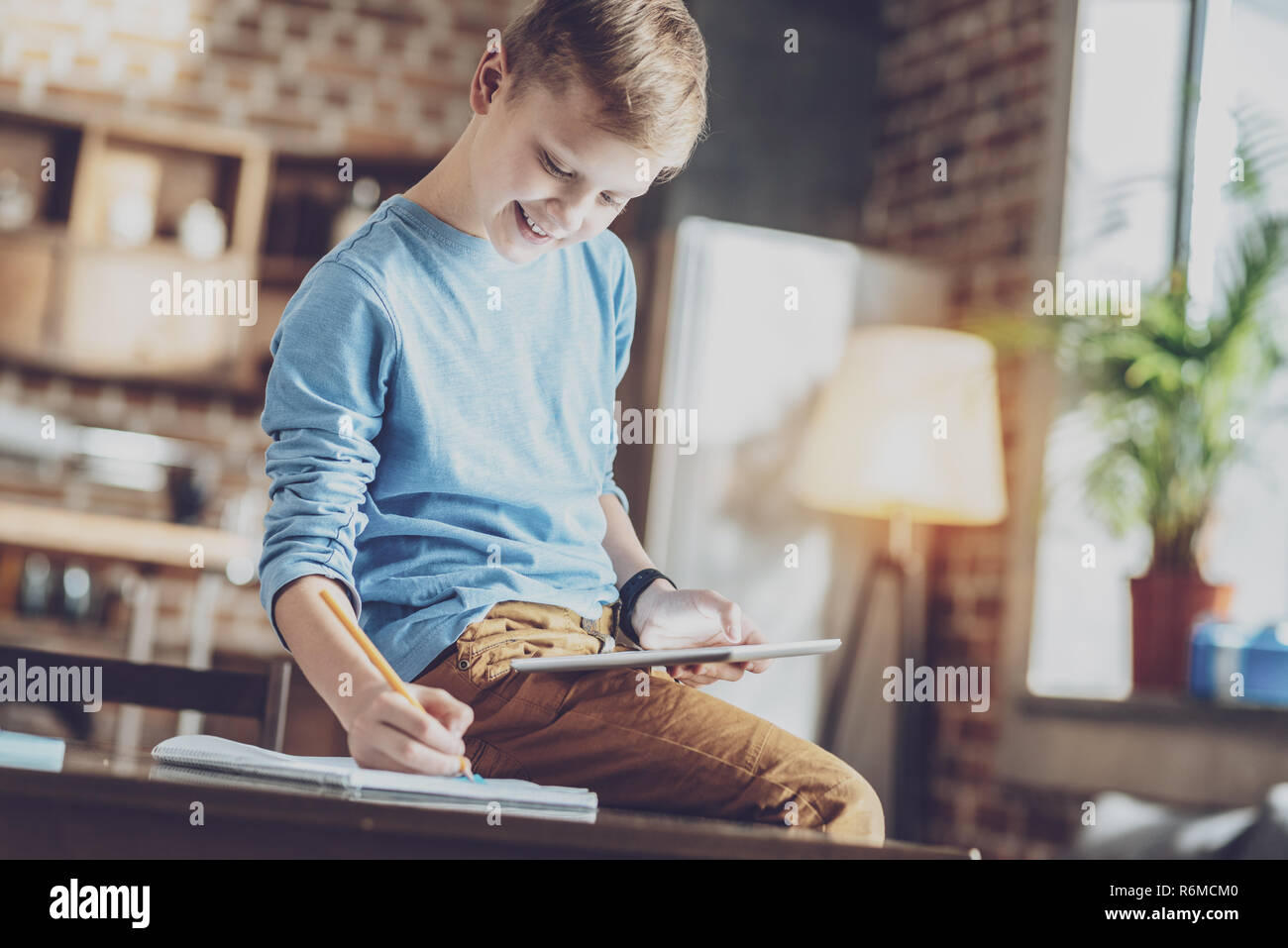 Concentrated boy making notes in copybook Stock Photo - Alamy