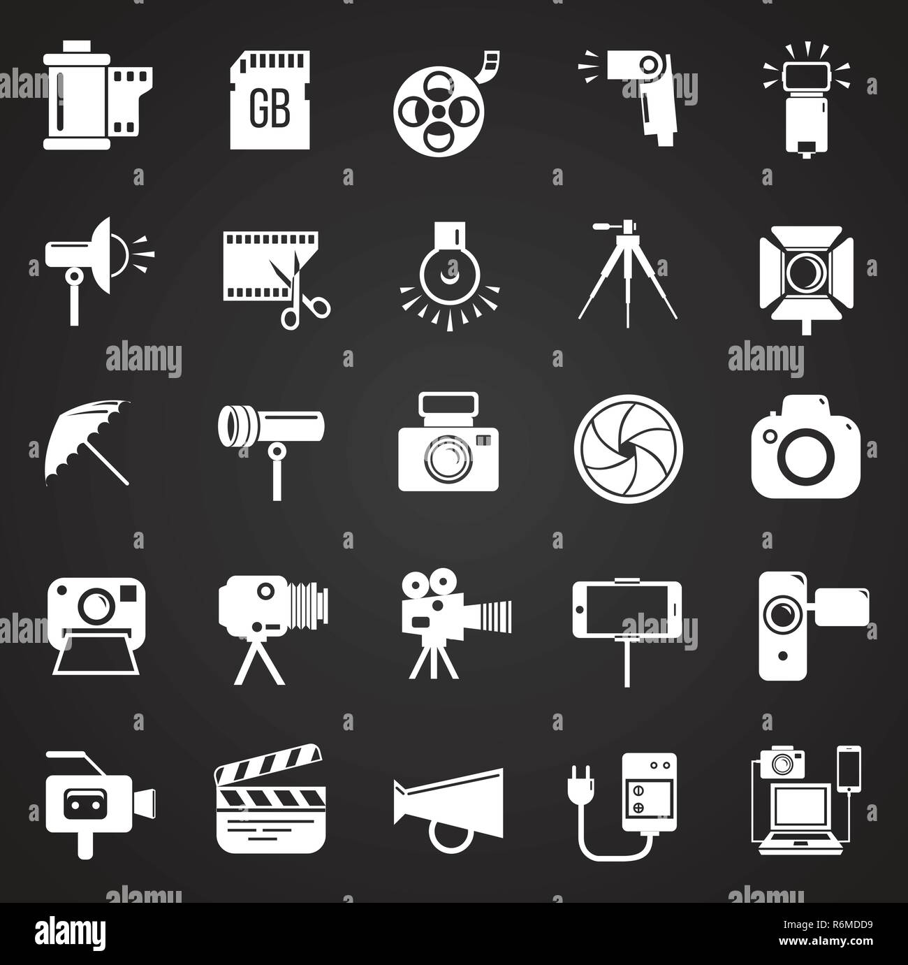Photography and videography icon set on black background for graphic and web design, Modern ...