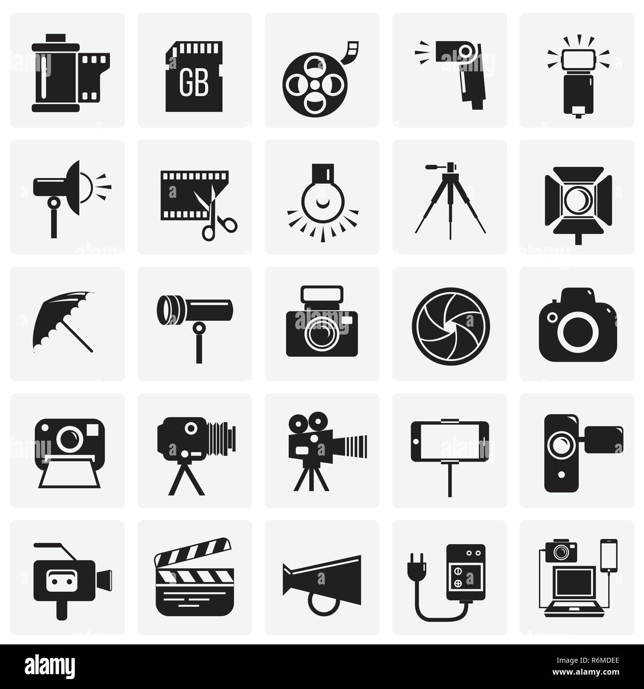 Photography and videography icon set on squares background for graphic ...