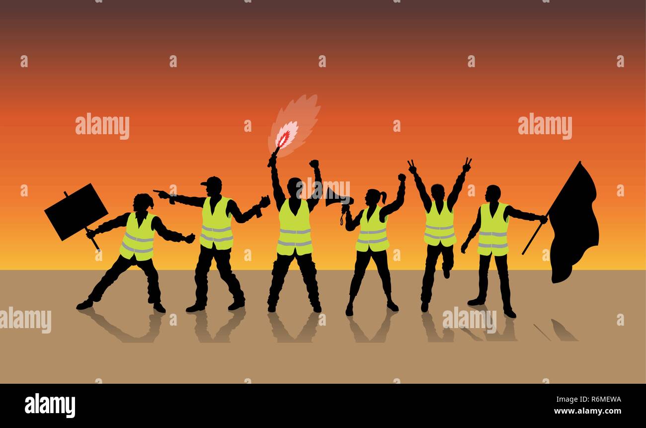 Yellow vests protest in Paris France in front of sunset. All the ...