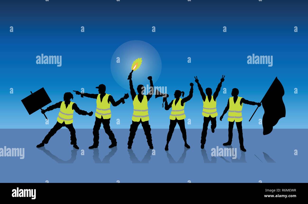 Yellow vests protest in Paris France in front of midnight blue. All the ...