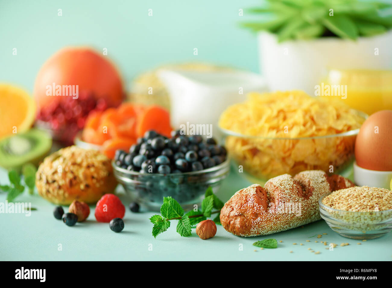 Organic food frame. Banner. Healthy breakfast ingredients. Oat and corn ...