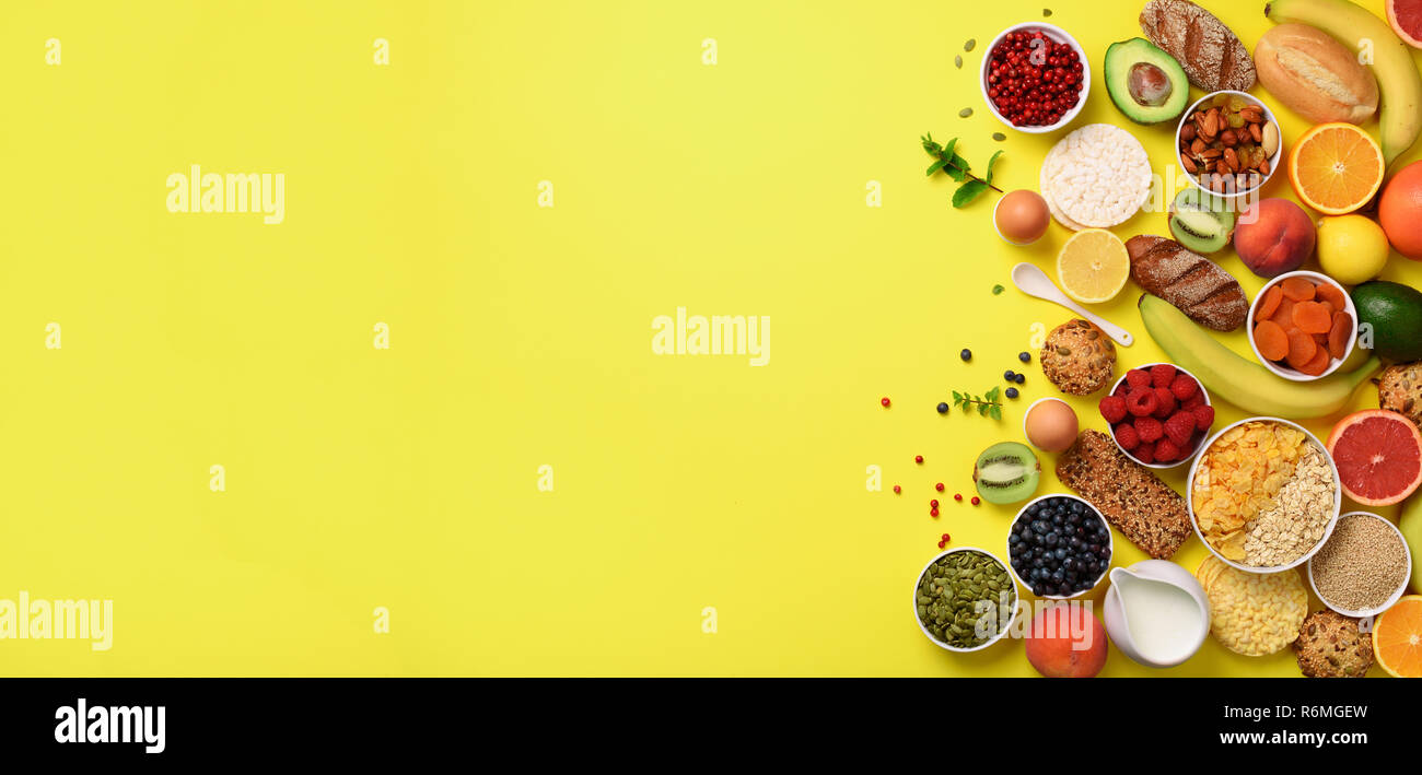 Organic food frame. Banner. Healthy breakfast ingredients. Oat and corn ...