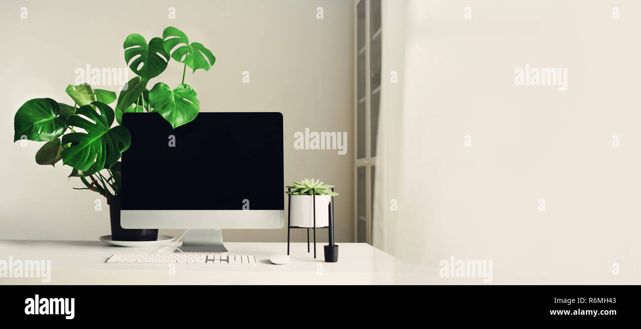 Designer workspace. Banner. Minimalistic home office. Blank screen ...
