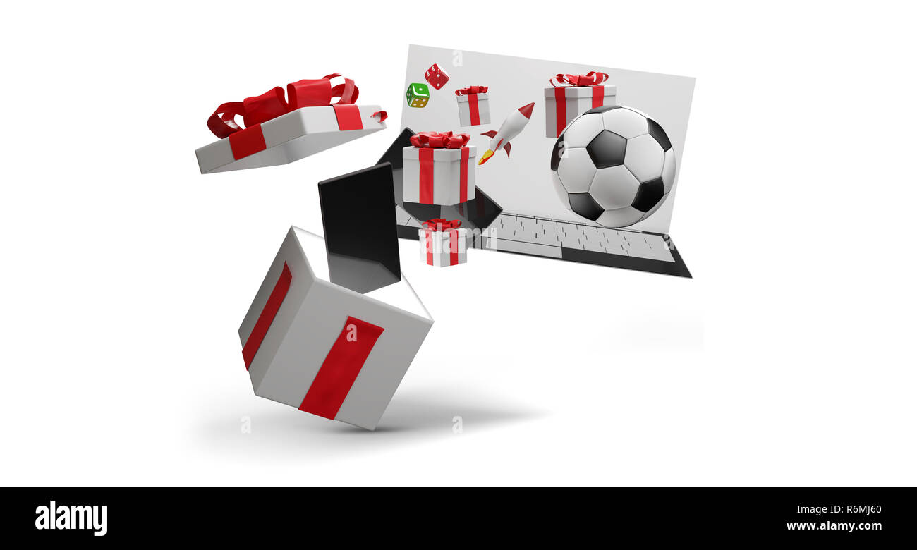 open present box with products 3d-illustration Stock Photo - Alamy