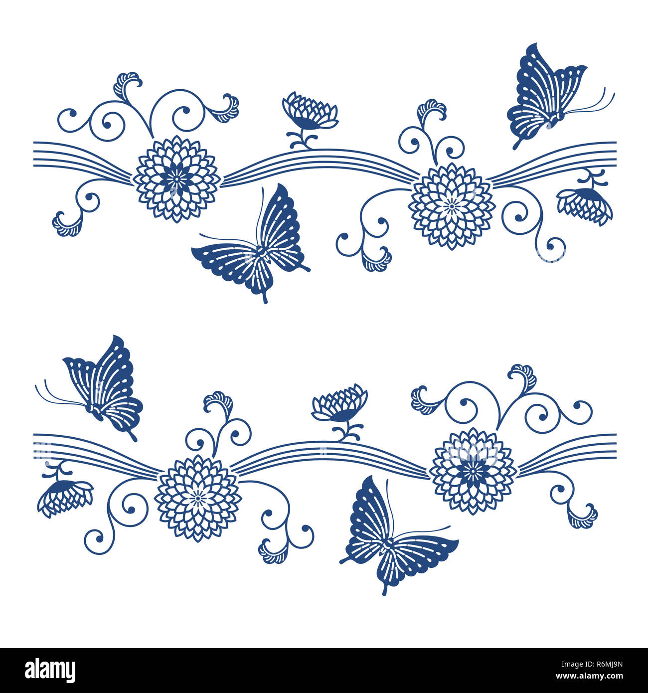Japanese style indigo blue floral pattern with butterflies Stock Photo ...