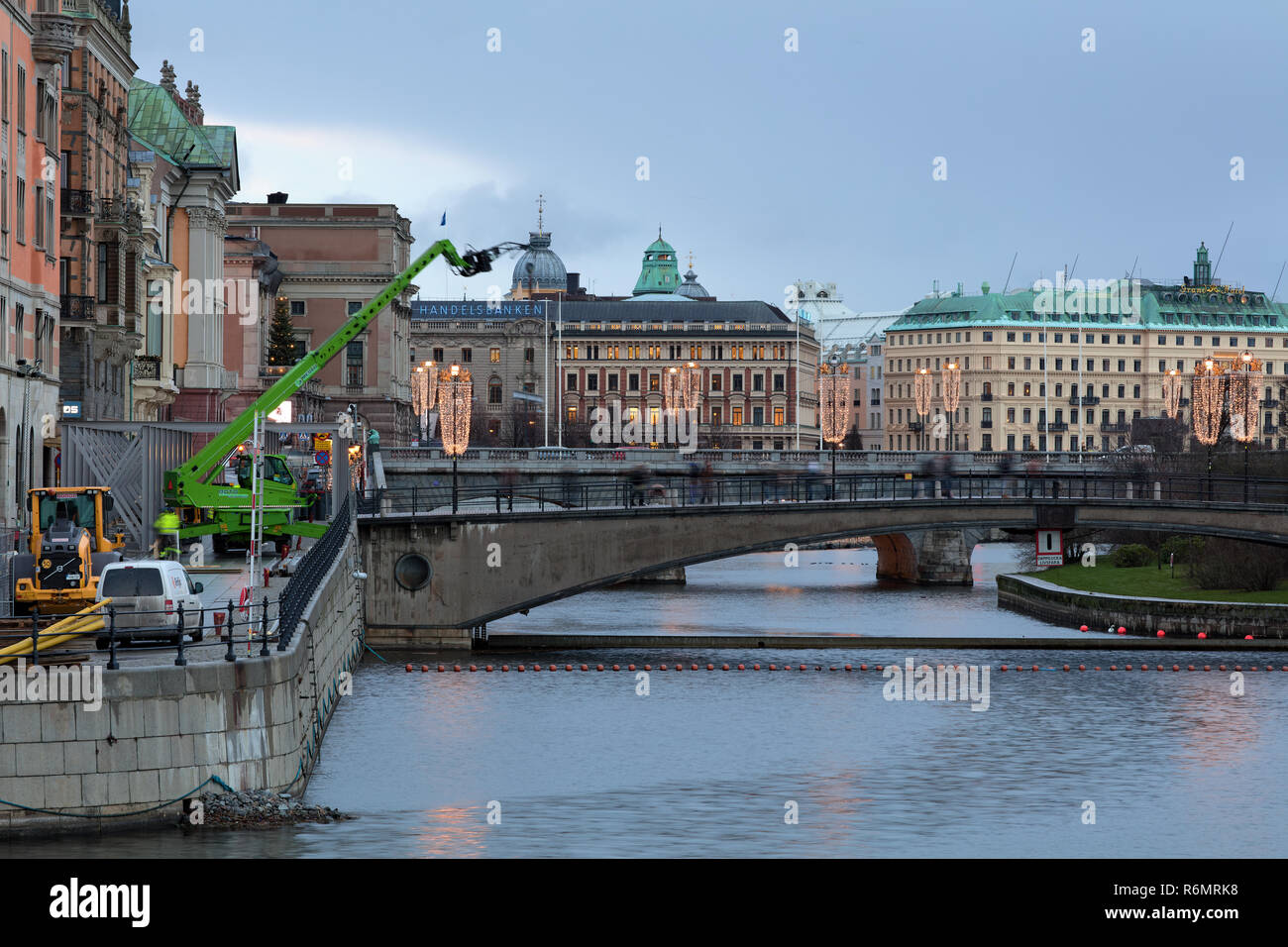 View at Strömgatan and Riksbron from Vasabron, in central Stockholm ...
