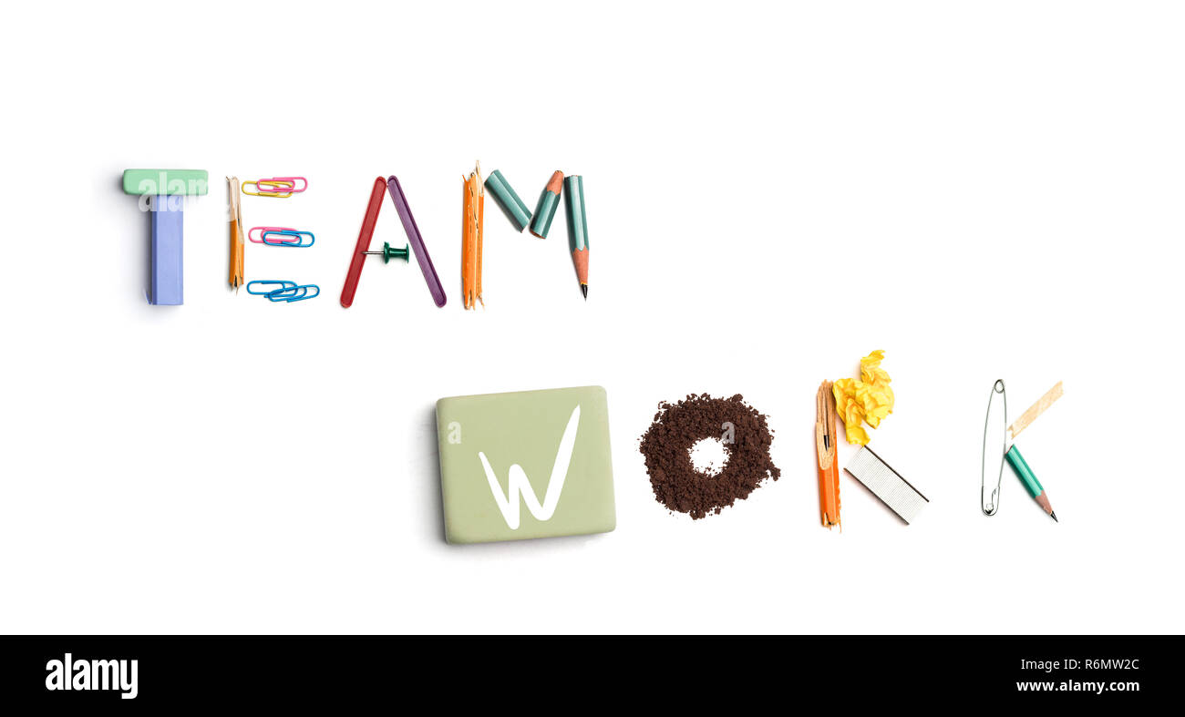 The words team work created from office stationery Stock Photo - Alamy
