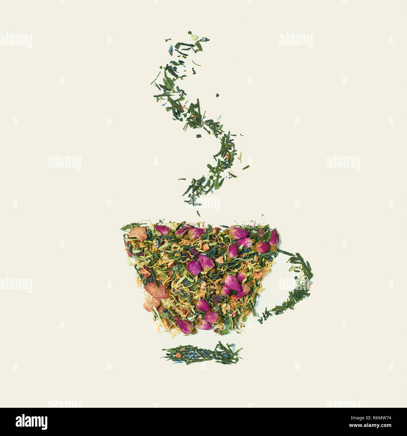 Tea leaf with flowers and fruit word tea on white background, top view ...
