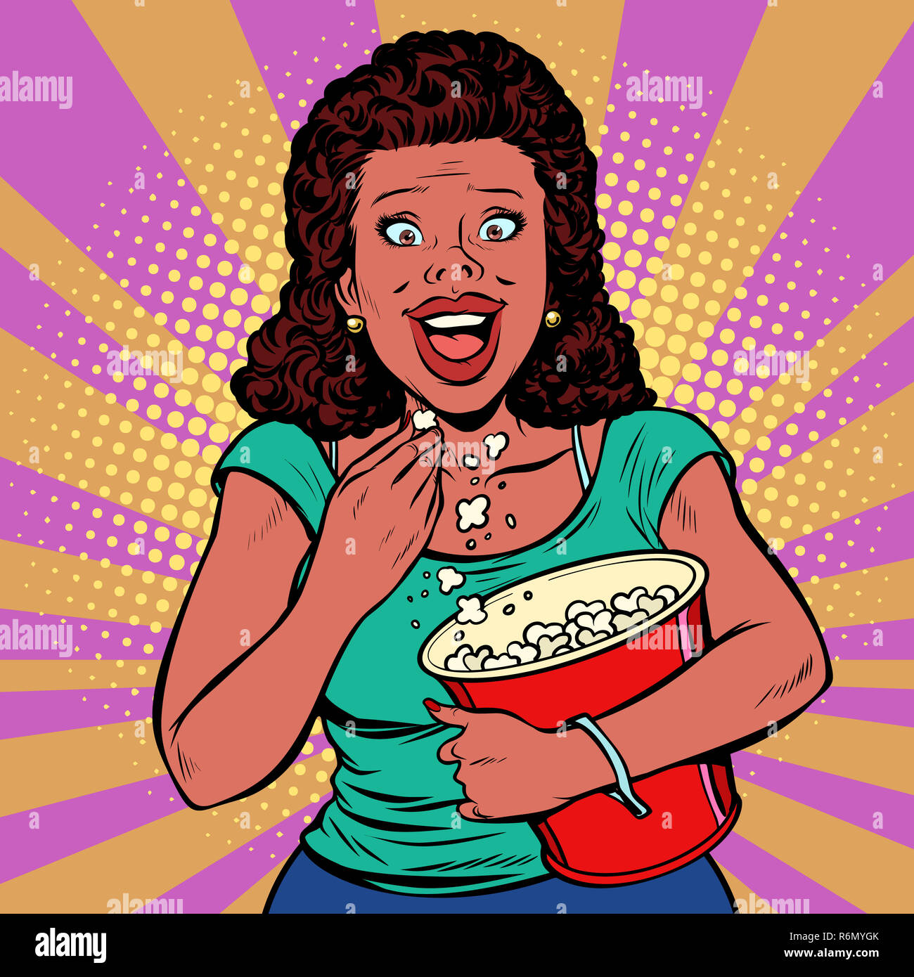 Woman watching a movie, smiling and eating popcorn Stock Photo - Alamy