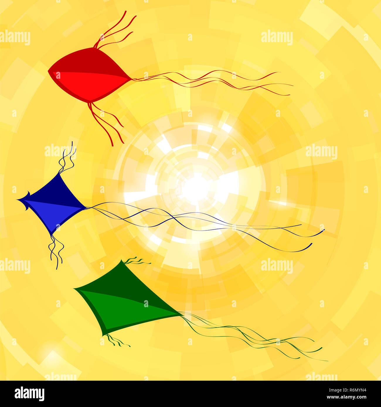 Colored Kites Flying in Sky with Sun. Freedom Concept. Toy for Children ...
