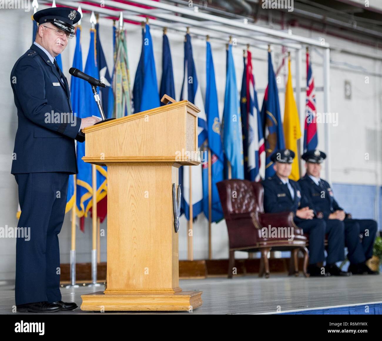 Maj. Gen. David Harris, Air Force Test Center commander, speaks to the ...