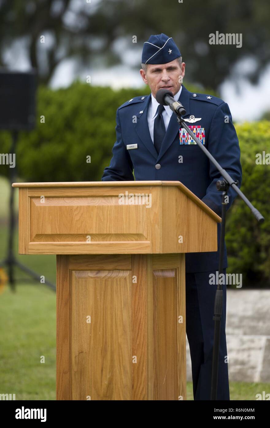 U.S. Air Force Brig. Gen. Barry Cornish, 18th Wing commander, gives a ...