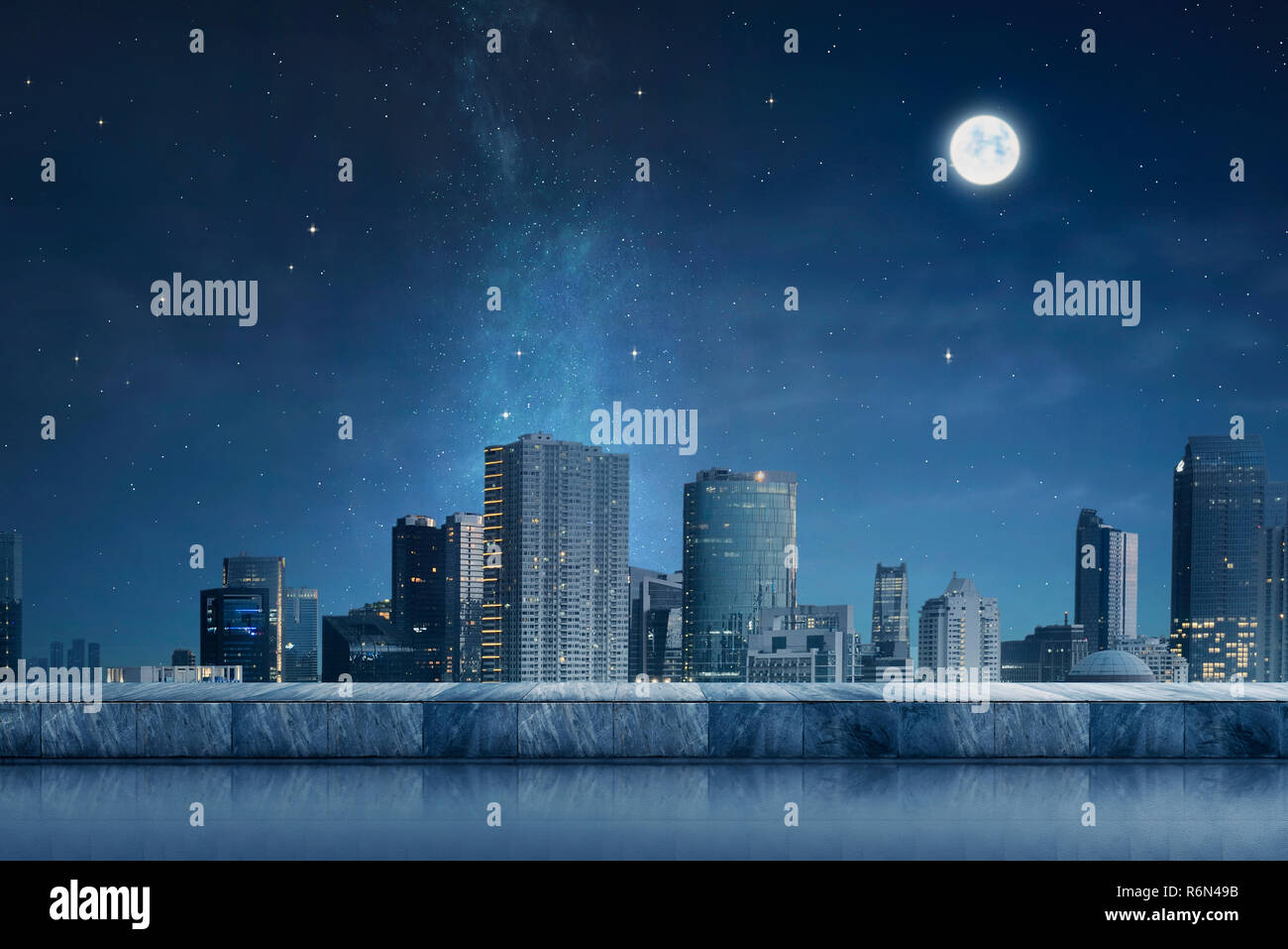 Cityscape with night scene and moonlight Stock Photo - Alamy